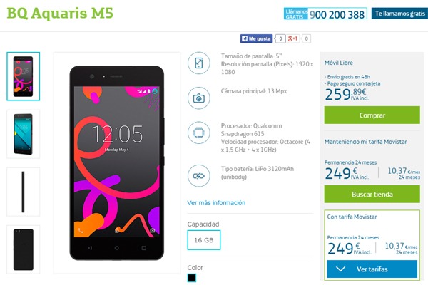 BQ Aquaris M5, precios y tarifas con Movistar